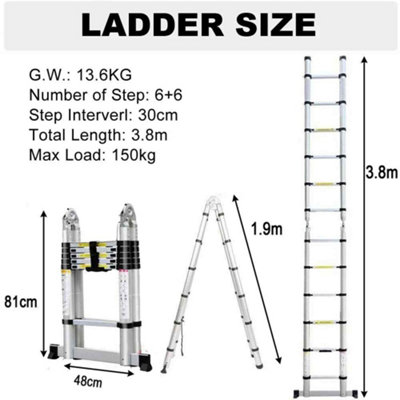 3.8m Combination Ladder A-Frame - 2 way Aluminium Alloy, Non-Slip ...