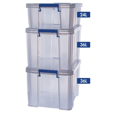 3 BANKERS BOX 1 x 24L 2 x 36L Clear Plastic Storage Box with Lid Super ...