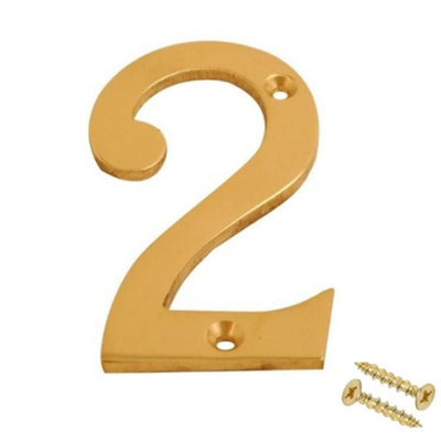 3" Brass Effect Door Number 2 Screw Mounted Polished House Numeral for ...
