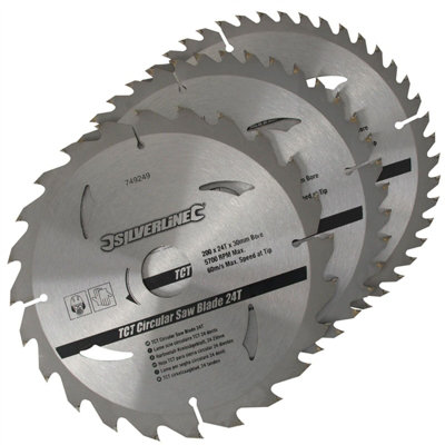 3 Circular Mitre Saw Blades 200mm Diameter 30mm Bore 25 18 & 16mm ...