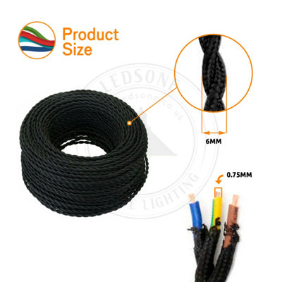 3 Core Twisted Fabric Cable - Black - 0.75mm² - Vintage Lighting Wire ...