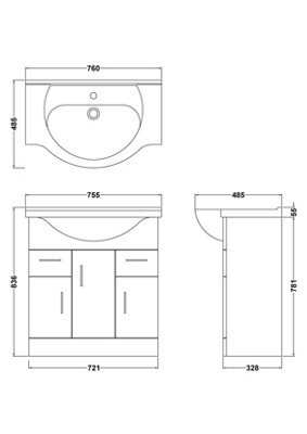 3 Door 2 Drawer Bathroom Vanity Basin Unit with Round Basin - 750mm ...
