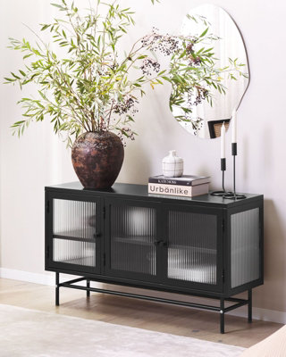 3 Door Metal Sideboard with Glass Display Black DEVON