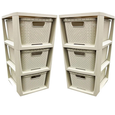 3 Drawer Large Spacious Rattan Effect Cream Home Office Modular Storage Tower Unit