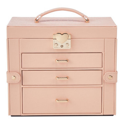 3-Drawer Pink PU Leather Jewellery Box with Gold Love Lock and Side ...