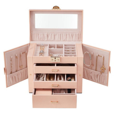 3-Drawer Pink PU Leather Jewellery Box with Gold Love Lock and Side ...