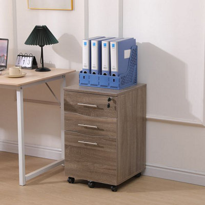 3 Drawers Wooden Dark Oak Lockable Under Desk Mobile Office Pedestal ...