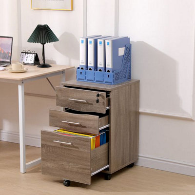 3 Drawers Wooden Dark Oak Lockable Under Desk Mobile Office Pedestal ...