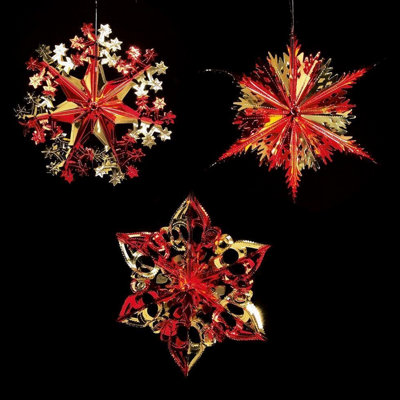 3 Foil Star Christmas Decorations Ceiling Hanging Festive Stars Red ...