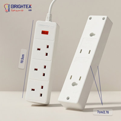 3 Gang Extension Lead 2m UK Plug Power Strip with Child Safety Shutters ...
