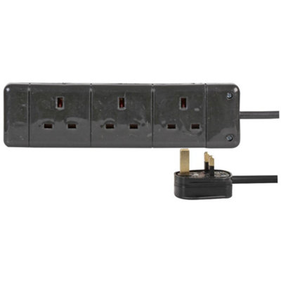 3 Gang Mains Power Extension, Black, 5m Lead