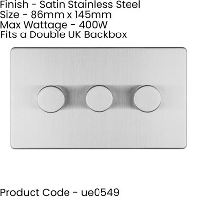 3 Gang Rotary Dimmer Switch 2 Way LED SCREWLESS SATIN STEEL Light ...