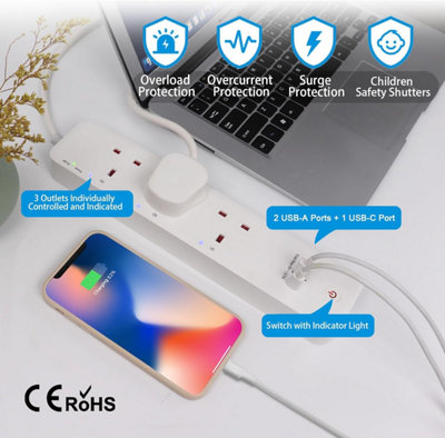3 Gang Smart Extension lead,with 1.4m Cable,with 2 USB A and 1 USB C