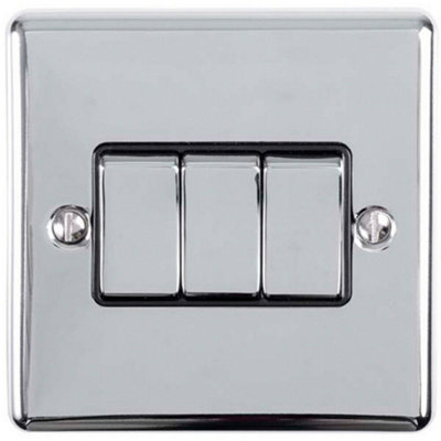 3 Gang Triple Light Switch POLISHED CHROME 2 Way 10A Black Trim & Metal ...
