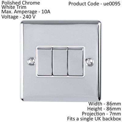 3 Gang Triple Light Switch POLISHED CHROME 2 Way 10A White Trim & Metal ...