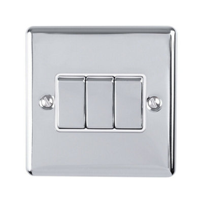 3 Gang Triple Light Switch POLISHED CHROME 2 Way 10A White Trim & Metal ...