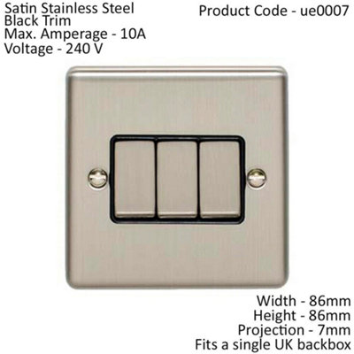 3 Gang Triple Light Switch SATIN STEEL 2 Way 10A Black Trim & Metal Rocker