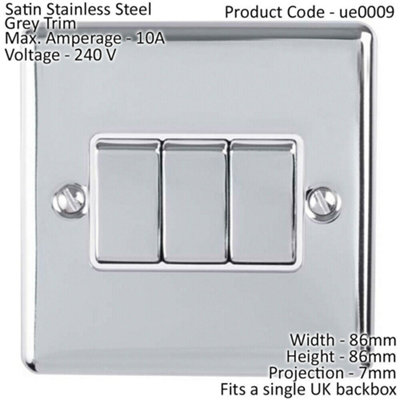 3 Gang Triple Light Switch SATIN STEEL 2 Way 10A Grey Trim & Metal Rocker
