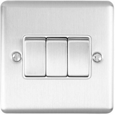 3 Gang Triple Light Switch SATIN STEEL 2 Way 10A White Trim & Metal Rocker