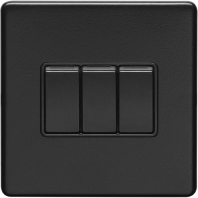 3 Gang Triple Light Switch SCREWLESS MATT BLACK 2 Way 10A Metal Rocker Slim