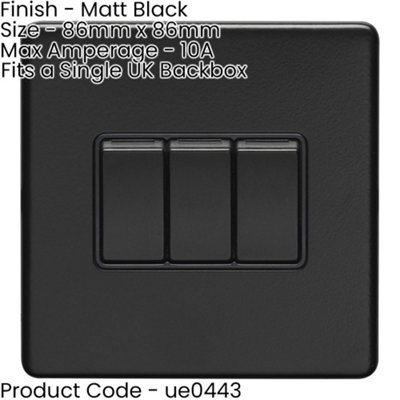 3 Gang Triple Light Switch SCREWLESS MATT BLACK 2 Way 10A Metal Rocker Slim
