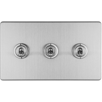 3 Gang Triple Retro Toggle Light Switch SCREWLESS SATIN STEEL 10A 2 Way ...
