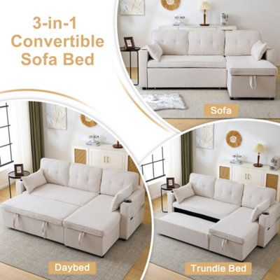 3-in-1 Convertible Sofa Bed with Internal Storage Chaise, L Shaped ...