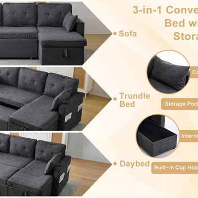3-in-1 Convertible Sofa Bed with Internal Storage Chaise, L Shaped ...