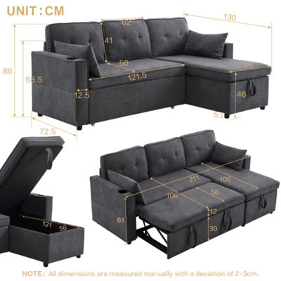 3-in-1 Convertible Sofa Bed with Internal Storage Chaise, L Shaped ...