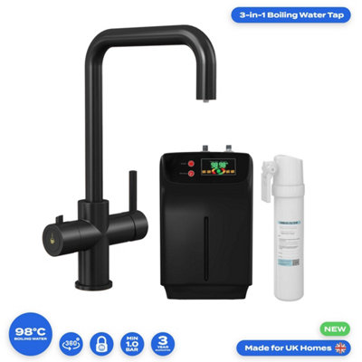 3-in-1 Matt Black Boiling Water Kitchen Tap with Child Lock 2.4L Boiler ...