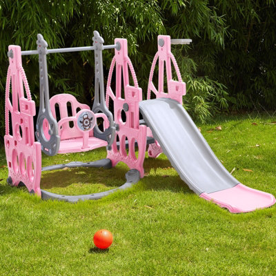 3 in 1 Pink and Grey Slide and Swing Set Play Set with Basketball Hoop ...