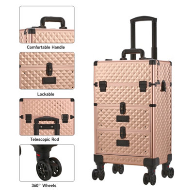 3 in 1 Rose Gold Large Cosmetic Trolley Makeup Case on Wheels
