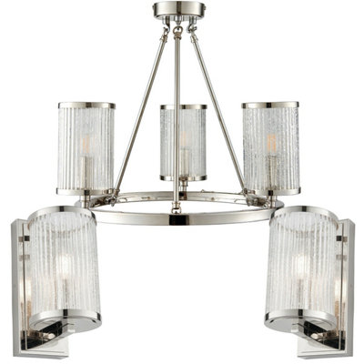 3 Lamp Ceiling & 2x Matching Wall Light Pack Bright Nickel & Ribbed ...