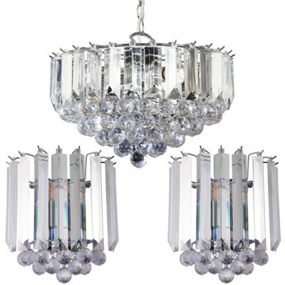 3 Lamp Ceiling & 2x Matching Wall Light Pack Small Chrome Pendant ...