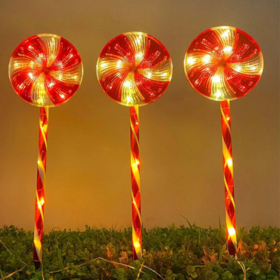 3 LED Candy Stake Lights LED Lights Up Stake Pathway Festive Candy Cane ...