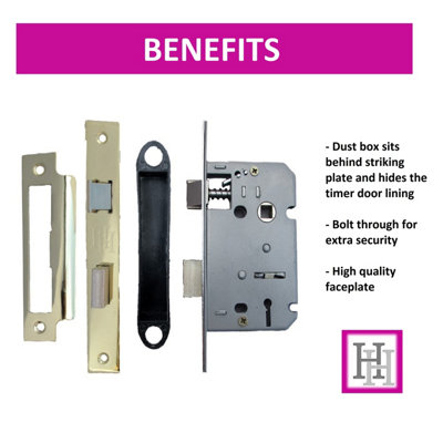 3 Lever Mortice Brass Sash Lock Key 3" 76mm Bolt Through Reversable ...