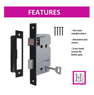 3 Lever Mortice Matt Black Sash Lock Key 2.5" 64mm Bolt Through ...