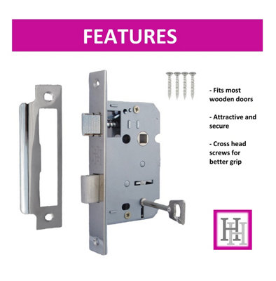 3 Lever Mortice Nickel Sash Lock Key 2.5" 64mm Bolt Through Reversable ...