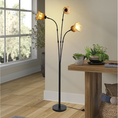 3-Light 174cm H Paper Rope String-Wrapped Lampshade Floor Lamp in Black