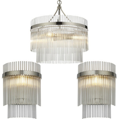 3 Light Ceiling Pendant & 2x Matching Wall Lamps - Polsihed Nickel ...
