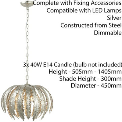 3 Light Ceiling Pendant FLORAL SILVER Shade Hanging Feature Lamp Bulb ...