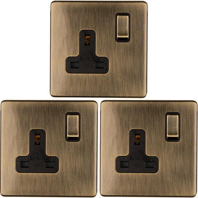 3 PACK 1 Gang DP 13A Switched UK Plug Socket SCREWLESS ANTIQUE BRASS ...