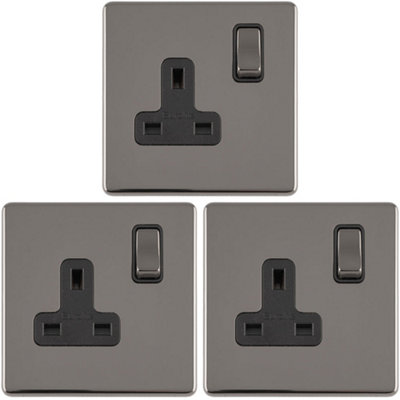 3 PACK 1 Gang DP 13A Switched UK Plug Socket SCREWLESS BLACK NICKEL ...