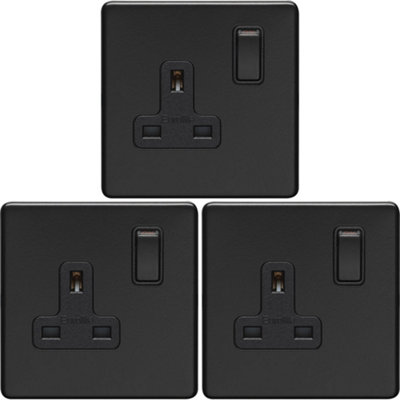 3 PACK 1 Gang DP 13A Switched UK Plug Socket SCREWLESS MATT BLACK Wall ...