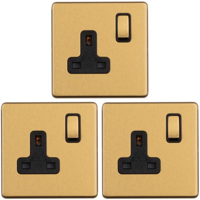 3 PACK 1 Gang DP 13A Switched UK Plug Socket SCREWLESS SATIN BRASS Wall ...