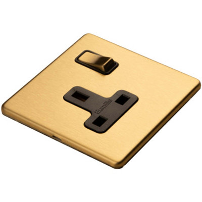 3 PACK 1 Gang DP 13A Switched UK Plug Socket SCREWLESS SATIN BRASS Wall ...