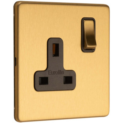 3 PACK 1 Gang DP 13A Switched UK Plug Socket SCREWLESS SATIN BRASS Wall ...