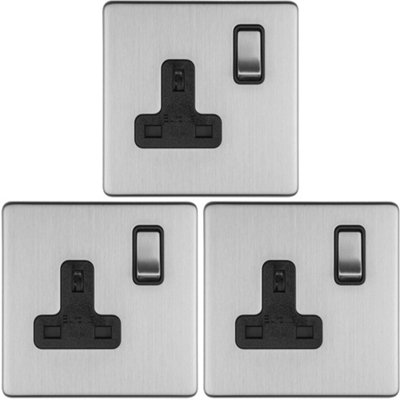 3 PACK 1 Gang DP 13A Switched UK Plug Socket SCREWLESS SATIN STEEL Wall ...