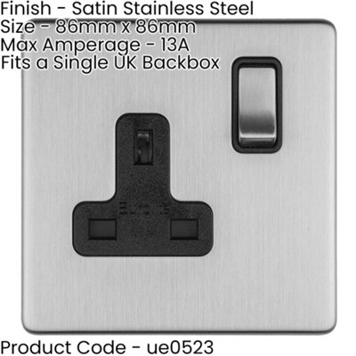 3 PACK 1 Gang DP 13A Switched UK Plug Socket SCREWLESS SATIN STEEL Wall ...