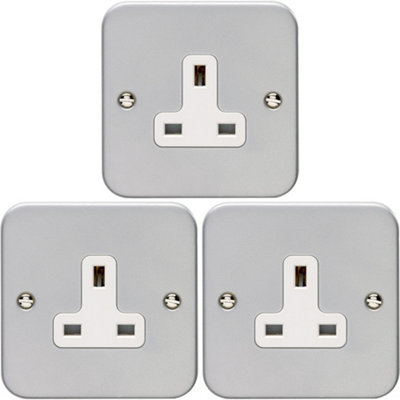 3 PACK 1 Gang Single 13A Unswitched UK Plug Socket HEAVY DUTY METAL ...